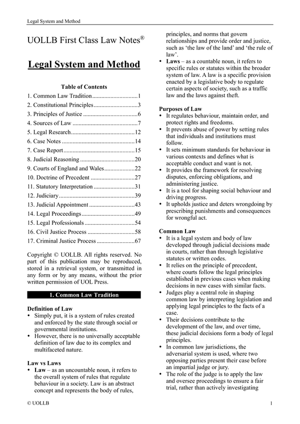 Legal System and Method – UOLLB First Class Law Notes®